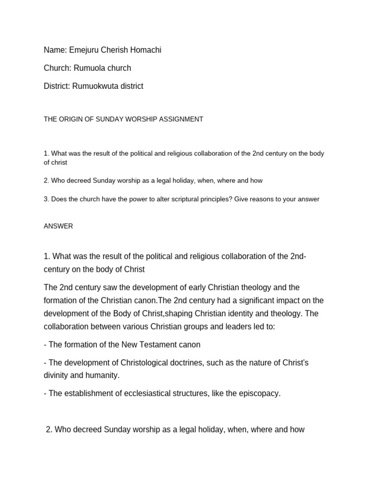 The Origin of Sunday Worship Assignment | PDF | God In Christianity ...