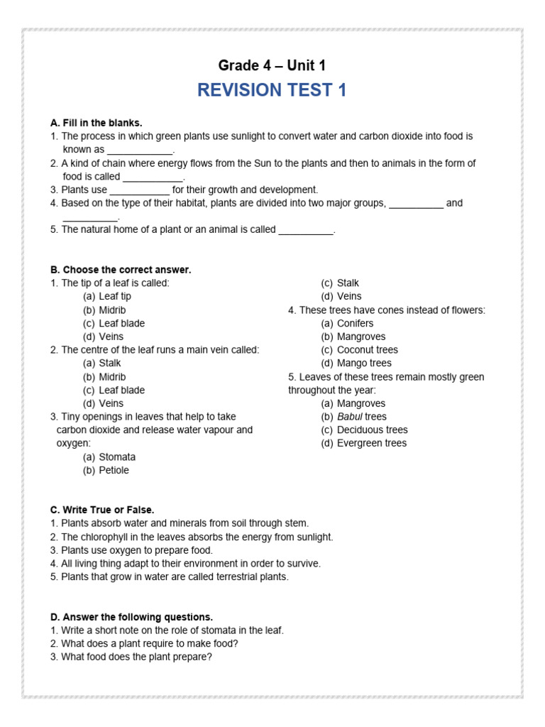 GD 4 - Unit 1-Revision Tests 1 and 2 | PDF | Leaf | Plants