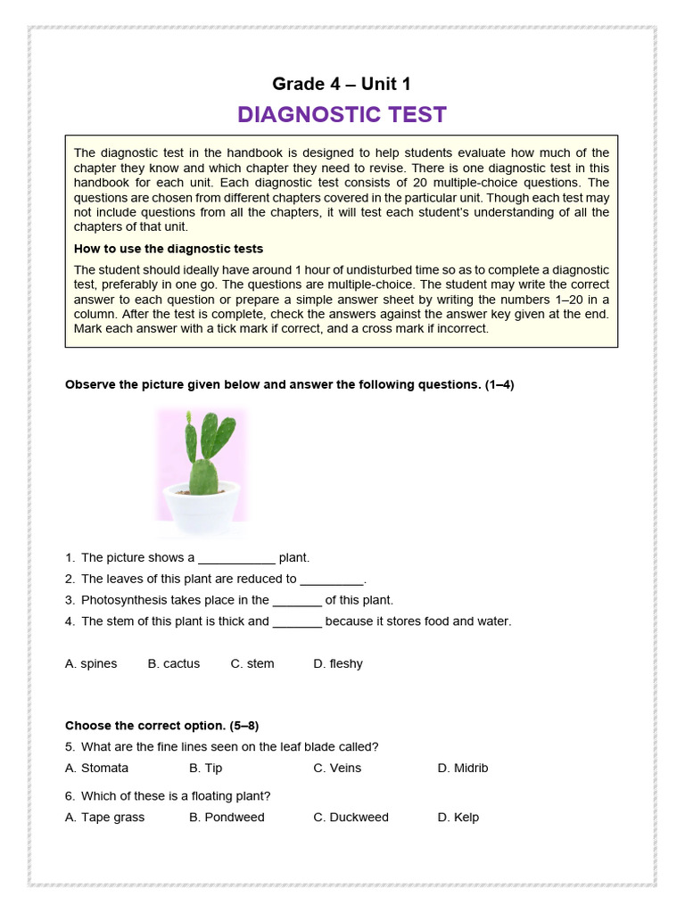 GD 4 - Unit 1-Diagnostic Test (SB) | PDF | Leaf | Multiple Choice