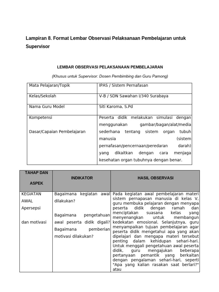 Siklus 1_Lampiran 8. Format Lembar Observasi Pelaksanaan Pembelajaran Untuk Supervisor | PDF