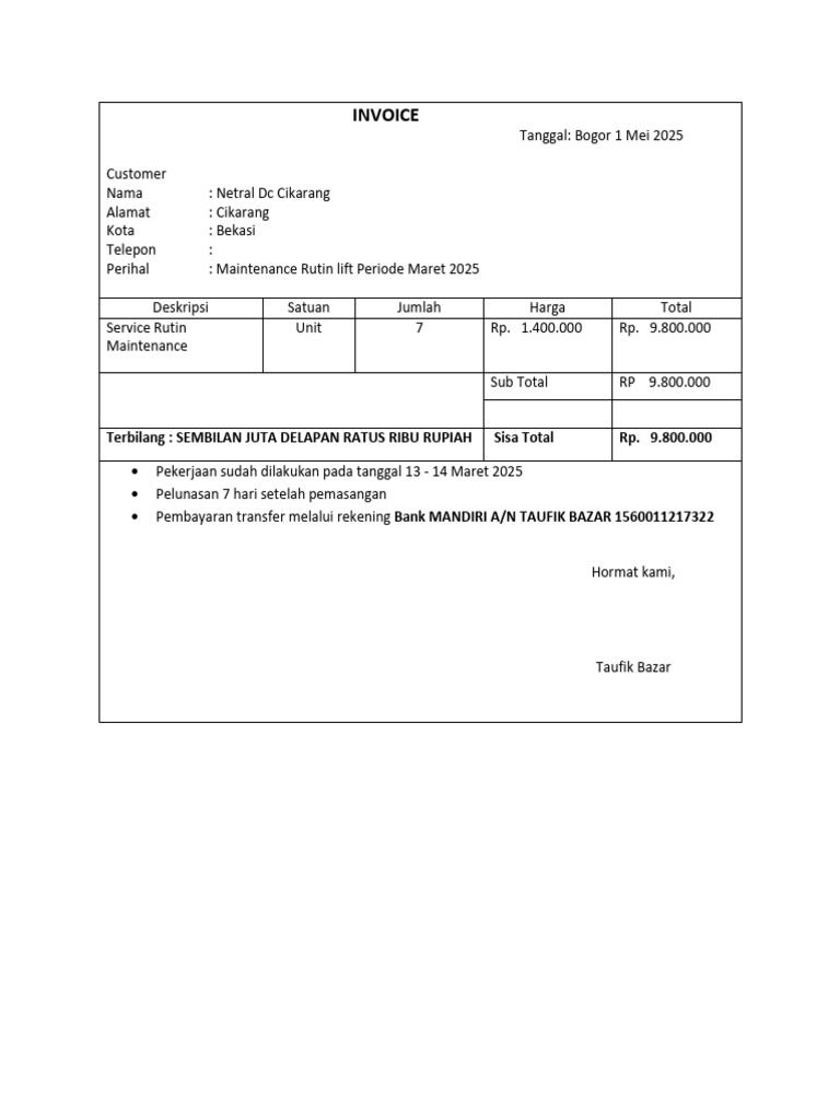Invoice Maintenance Lift DC Cikarang | PDF