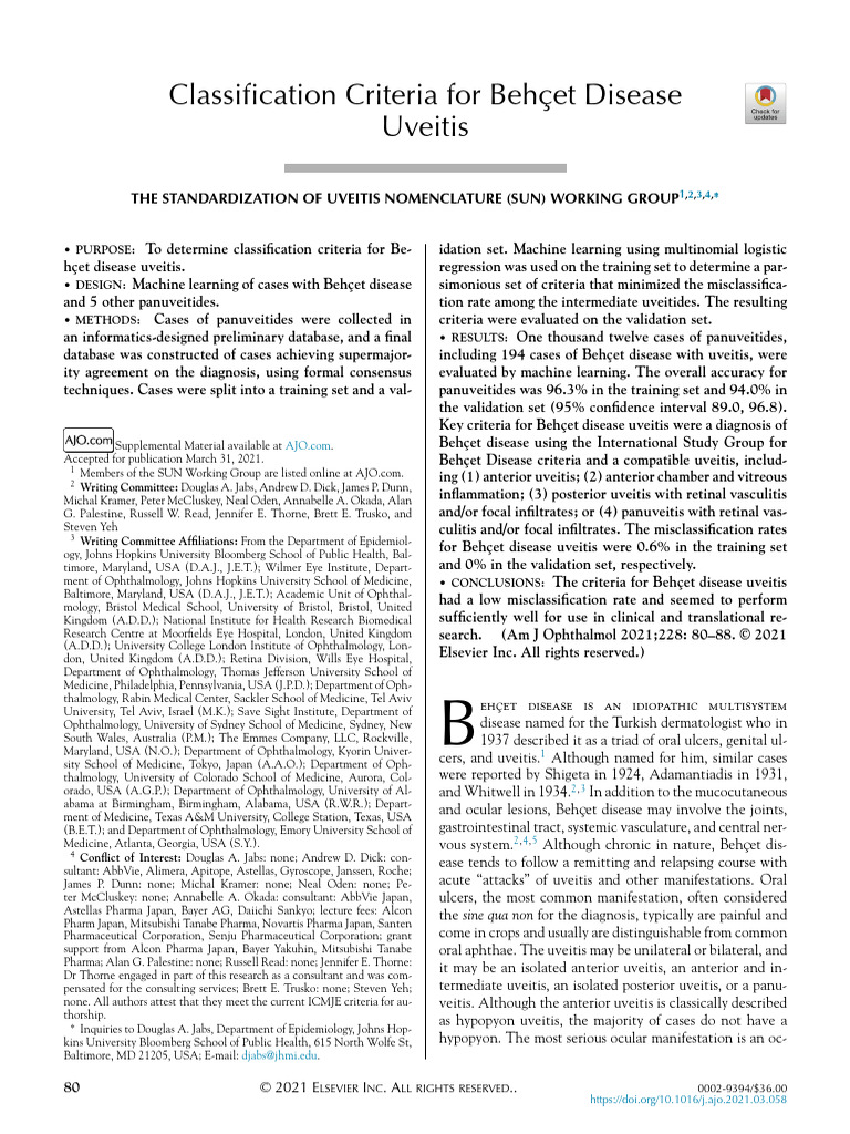 Behçet Disease Uveitis Classification Criteria | PDF | Diseases And ...