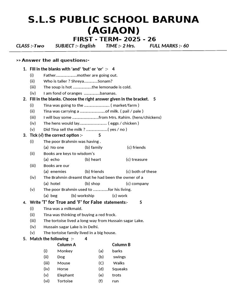 Class 2 English First Term Exam 2025-26 | PDF | Chess Theory
