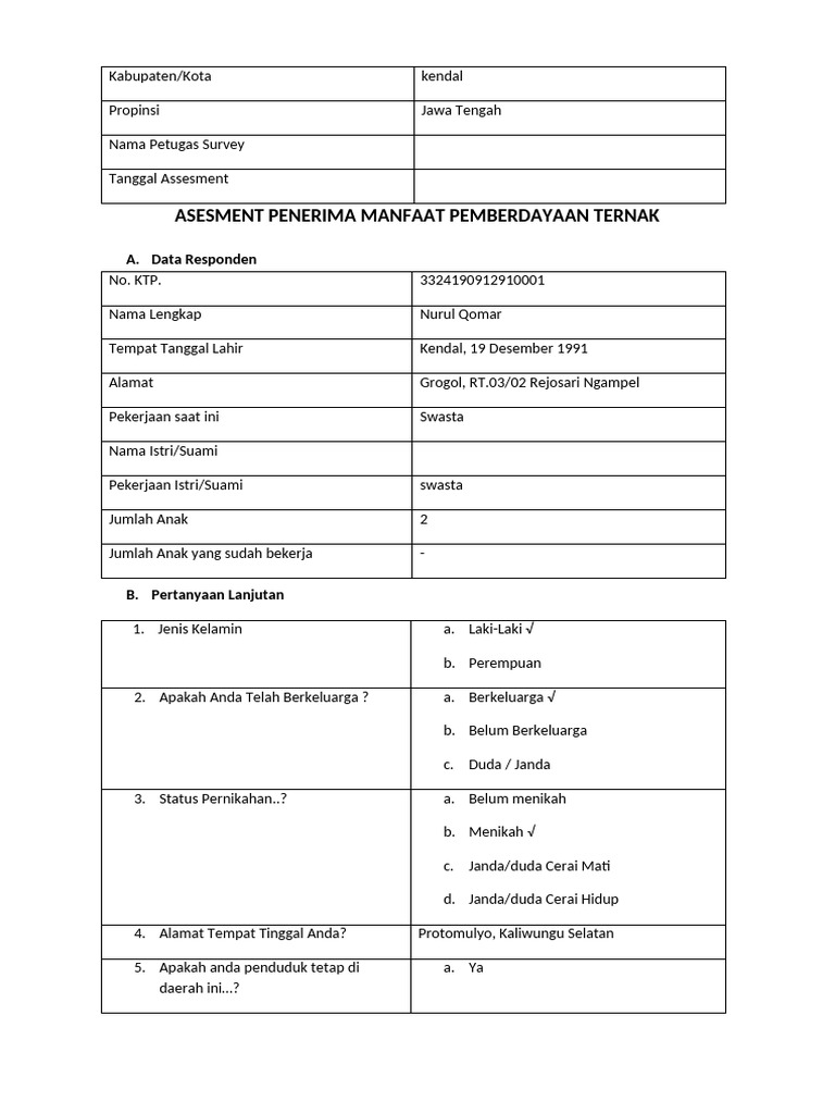 Form Asesment Penerima Manfaat Kelompok Ternak Qomar | PDF
