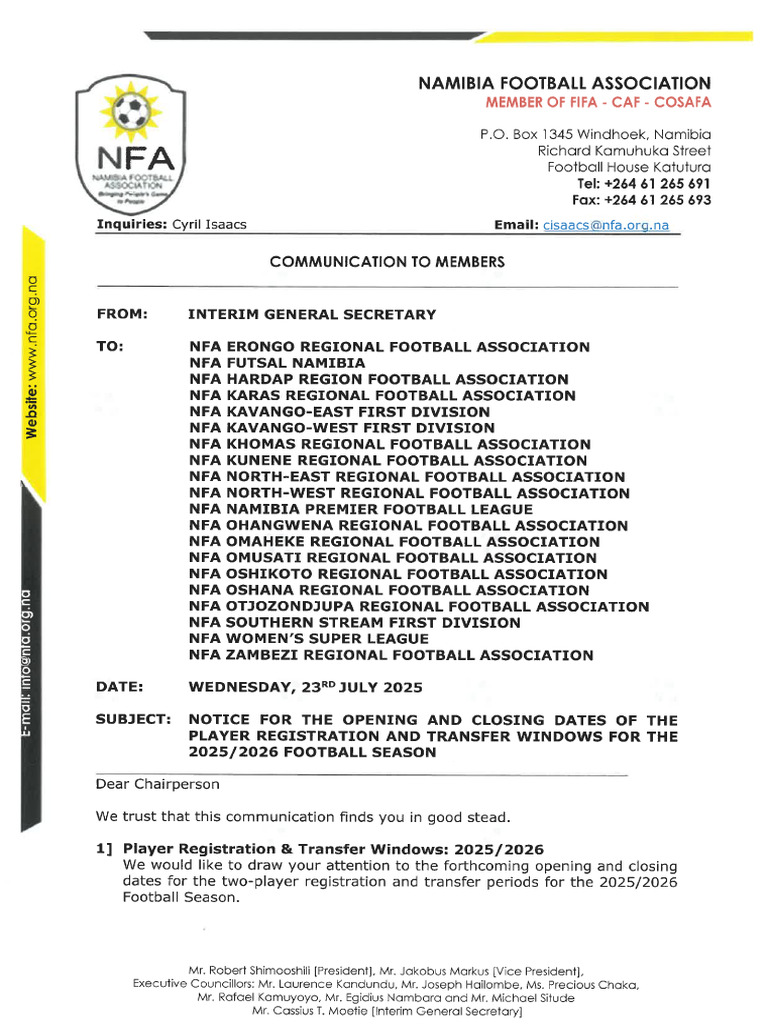 Notice-Opening and Closing of Player Registration | PDF