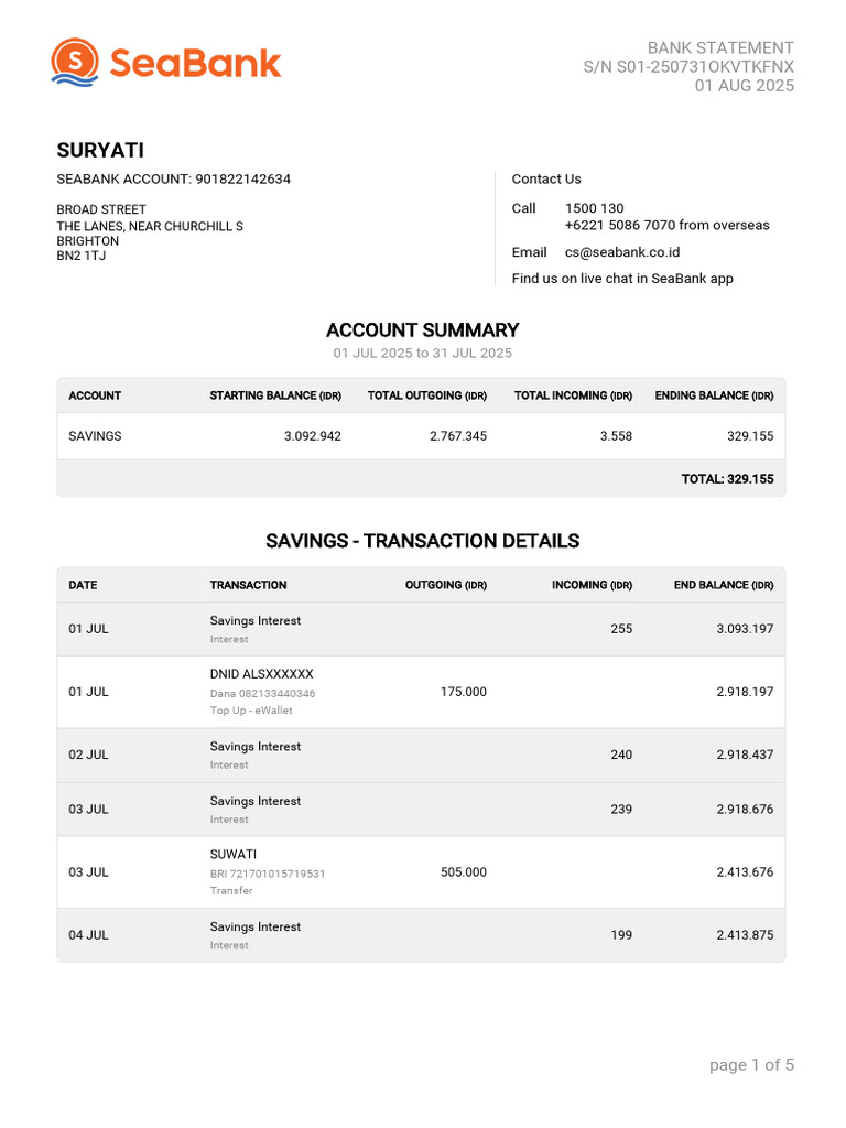 SeaBank Account Statement July 2025 | PDF | Business | Money