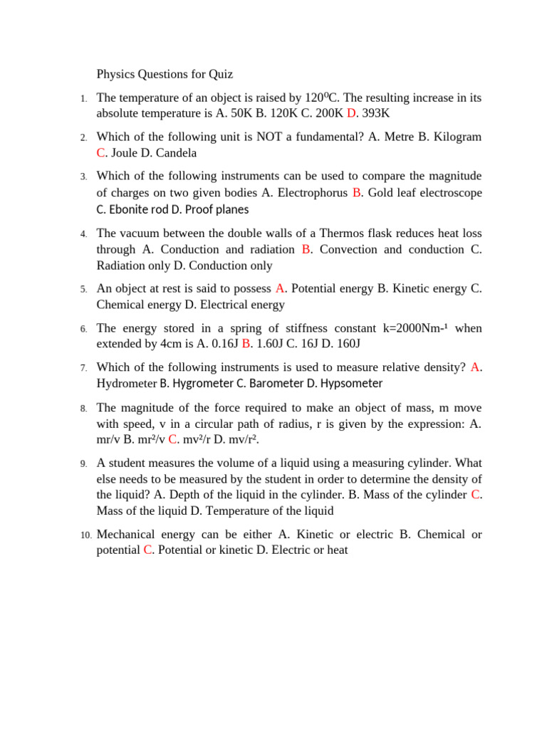 Physics Quiz Questions and Answers | PDF