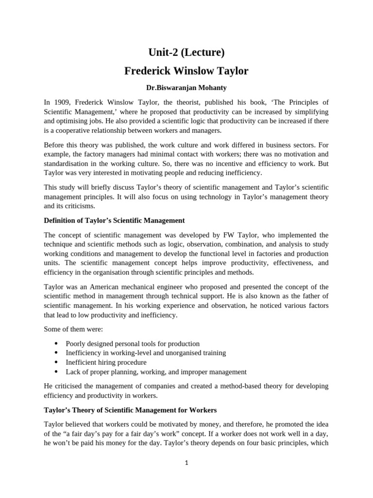 Taylor's Scientific Management Principles | PDF | Piece Work | Business