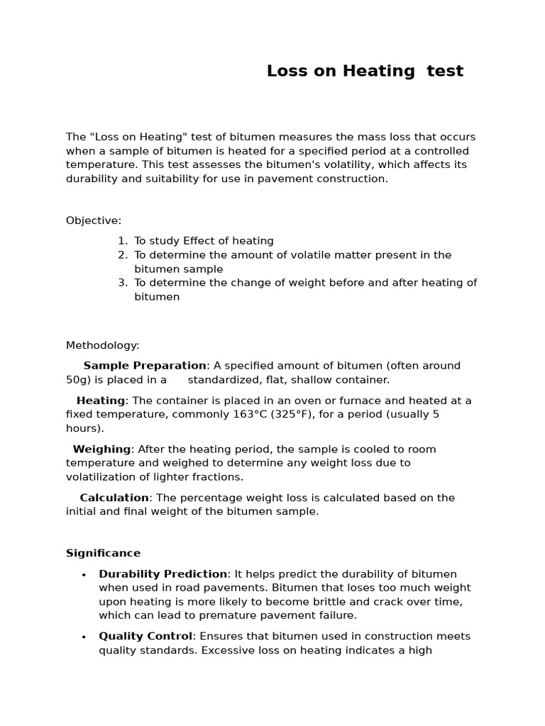 Loss on Heating Test for Bitumen | PDF