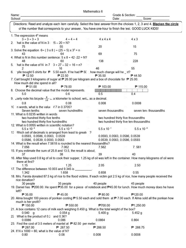 Grade 6 Mathematics Practice Questions | PDF | Division (Mathematics ...