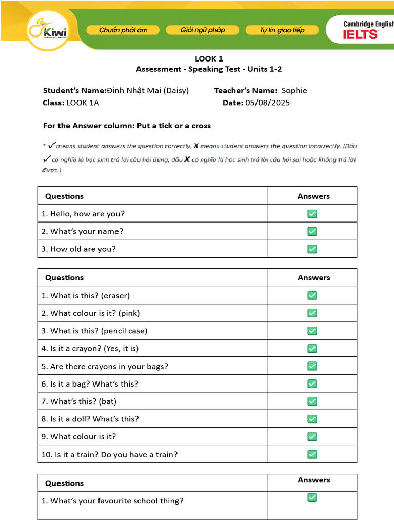 Daisy - Look 1 - Assessment - Speaking Test - Unit 1-2 | PDF