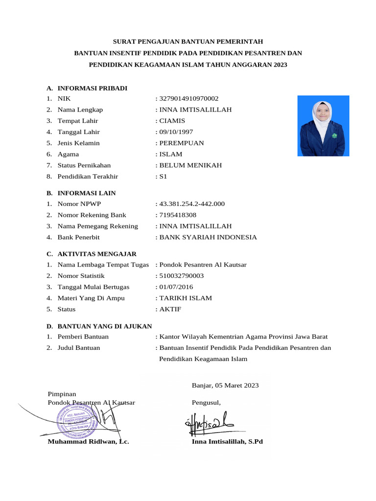 Pengajuan Bantua Inna | PDF