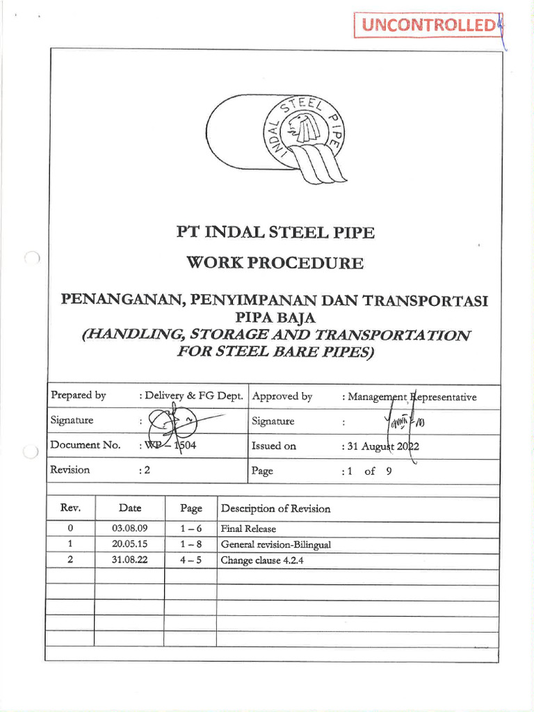 WP-1504 Handling, Storage _ Transportation for Barepipe | PDF