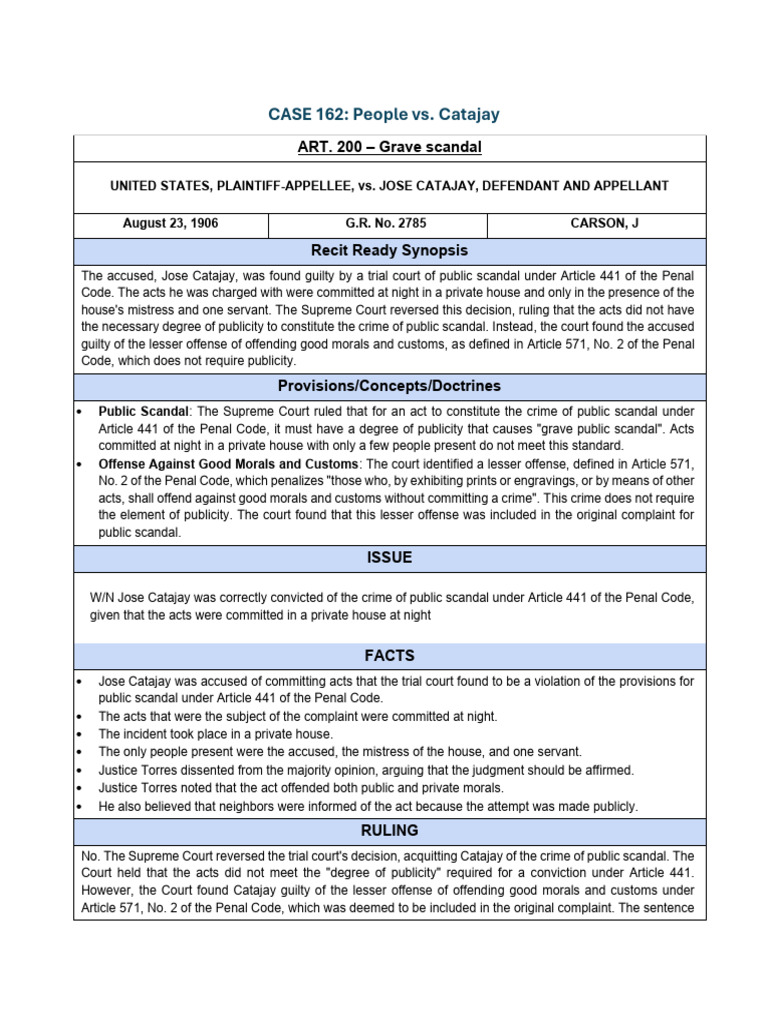 Catajay Case: Public Scandal Ruling | PDF | Crimes | Crime & Violence