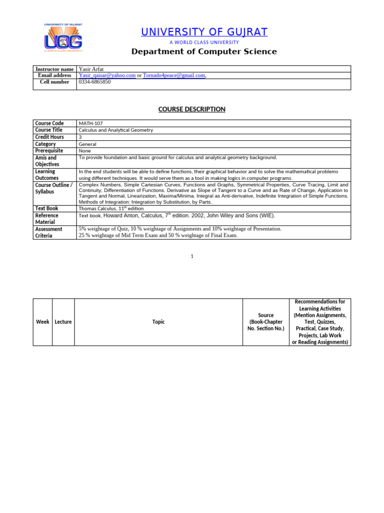 16 Week Plan MATH-107 Final Uog | PDF | Derivative | Integral