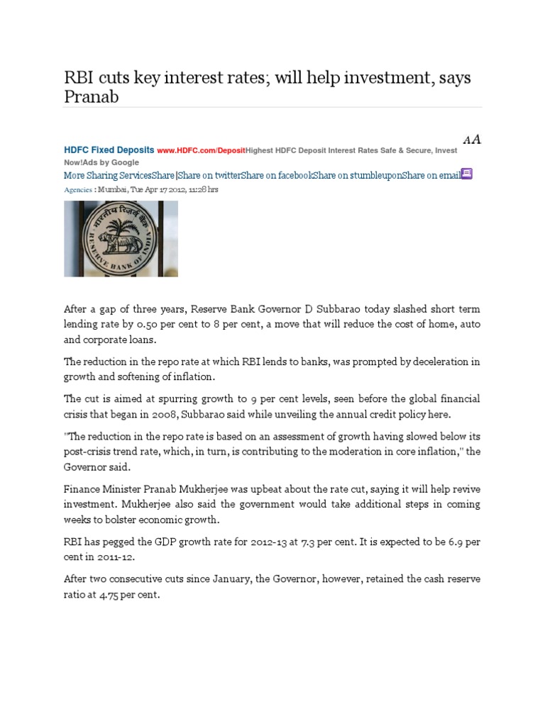 RBI Cuts Key Interest Rates | PDF | Inflation | Economic Growth