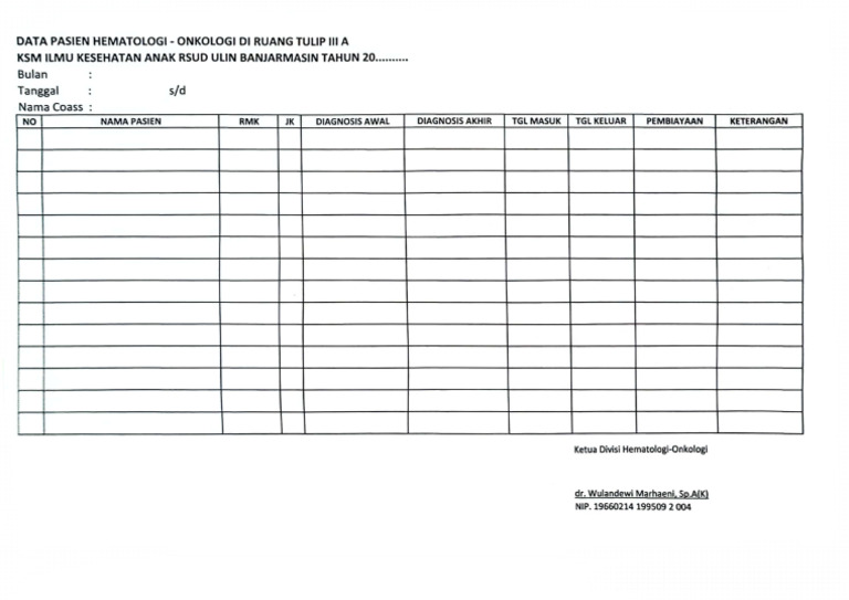 Kertas Data Pasien Hemato Onkologi | PDF