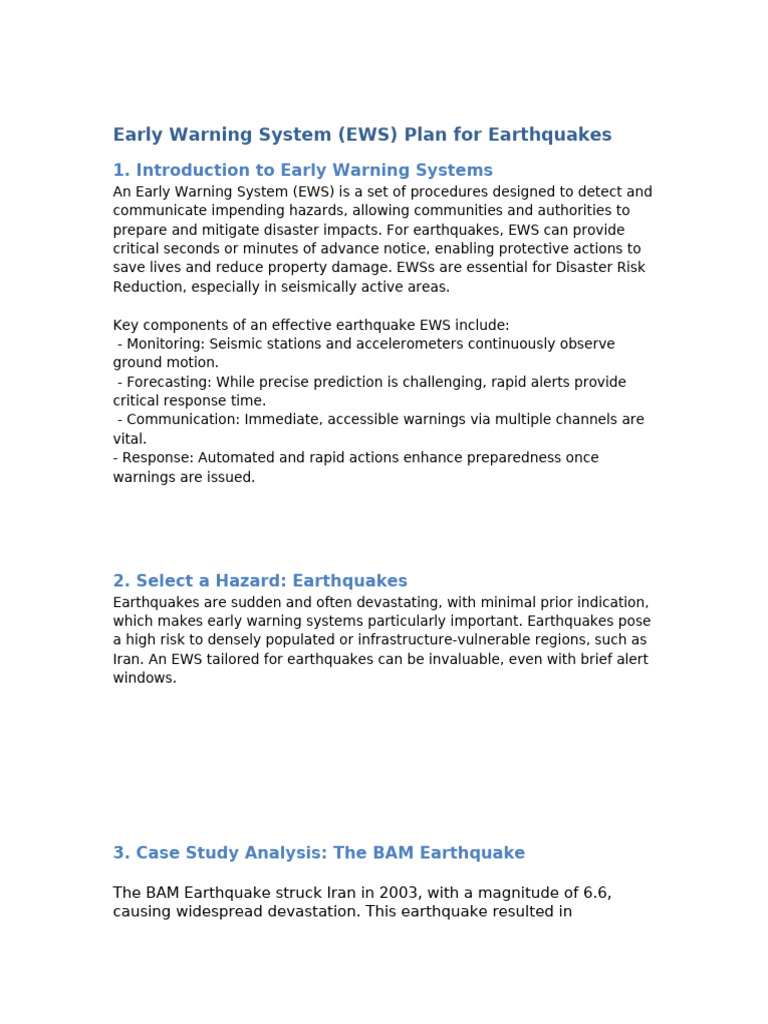 EWS Earthquake Plan BAM CaseStudy | PDF | Earthquakes | Emergency ...