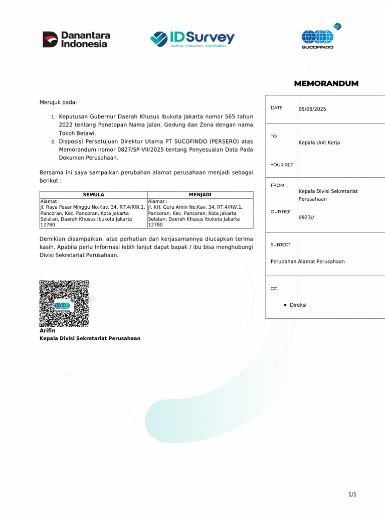 Perubahan Alamat PT SUCOFINDO 2025 | PDF