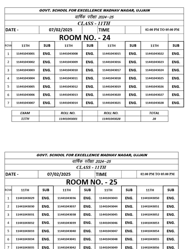 11th Grade Exam Roll Numbers 2025 | PDF
