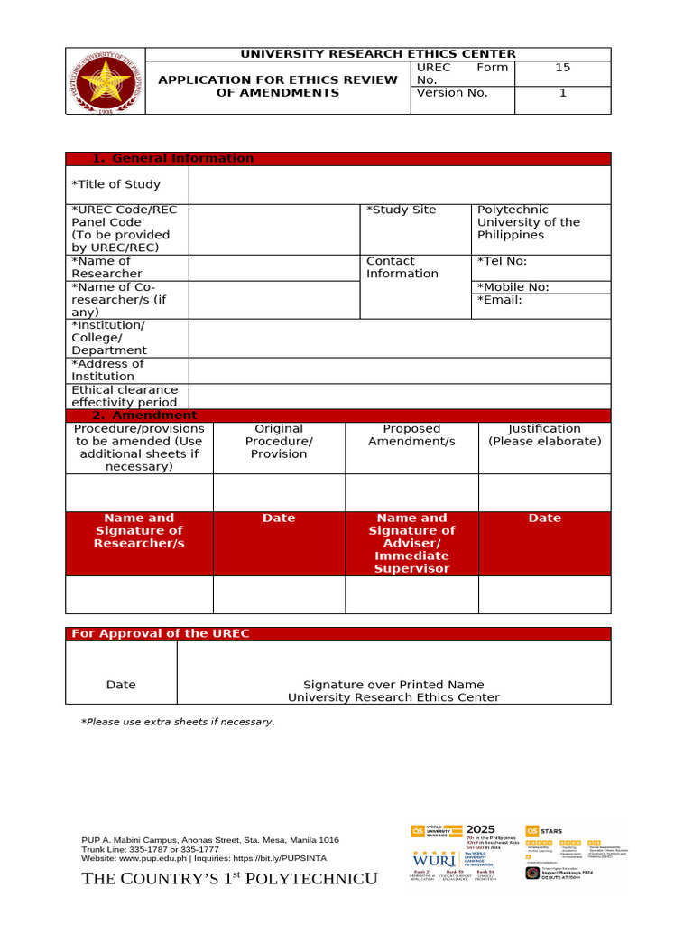 UREC-Form-15-Application For Ethics Review of Amendments | PDF