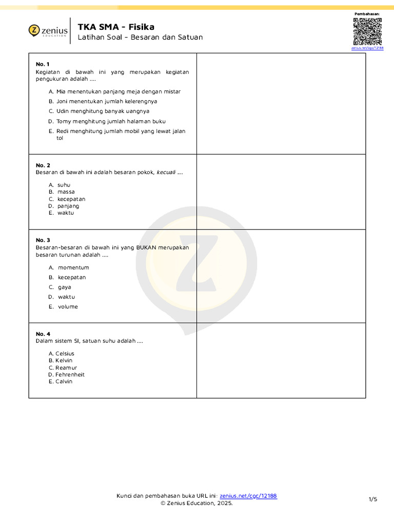 Latihan Soal TKA SMA Fisika - Materi Besaran Dan Satuan | PDF