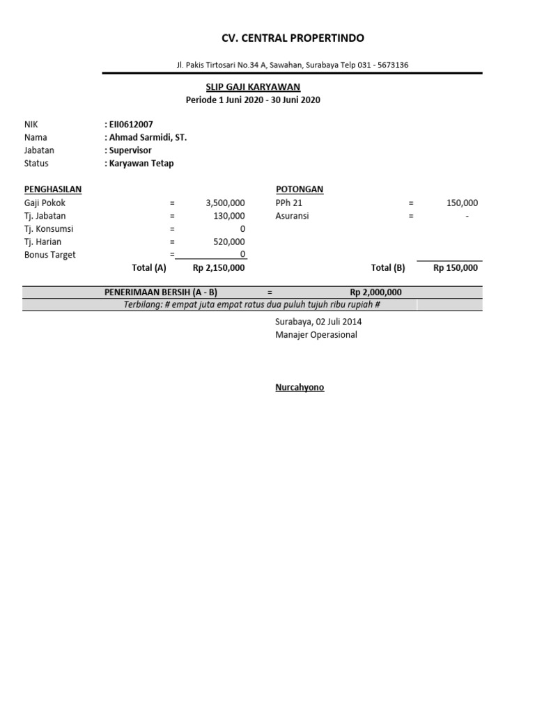 Slip Gaji Karyawan CV. Central Properti | PDF