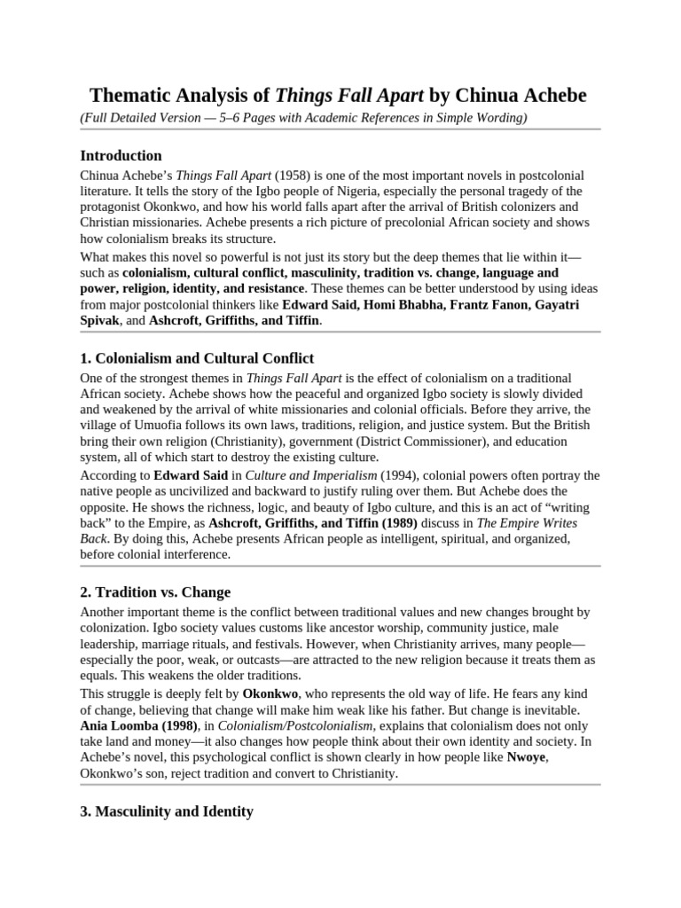 Thematic Analysis of Things Fall Apart by Chinua Acheb1 | PDF ...