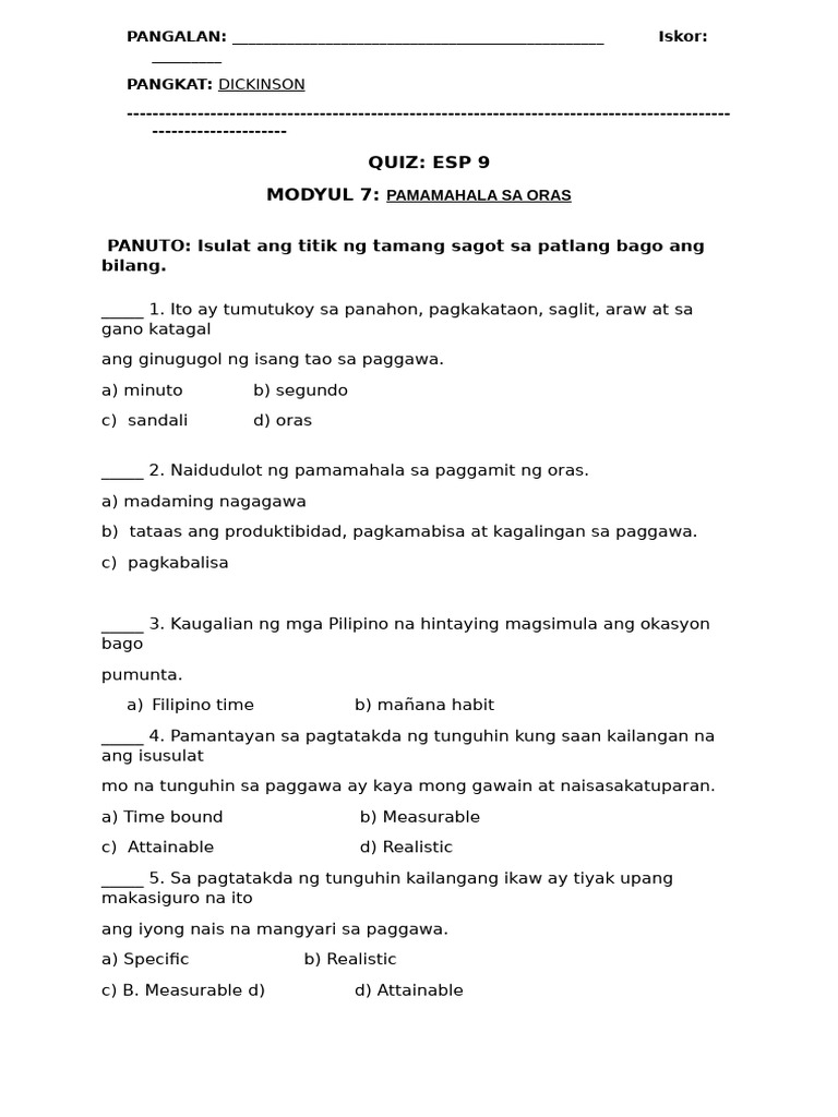 Quiz Pamamahala Sa Paggamit NG Oras | PDF