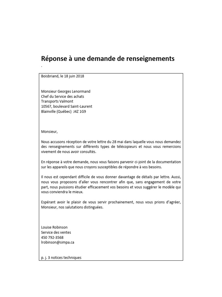 Réponse à une demande de renseignements | PDF