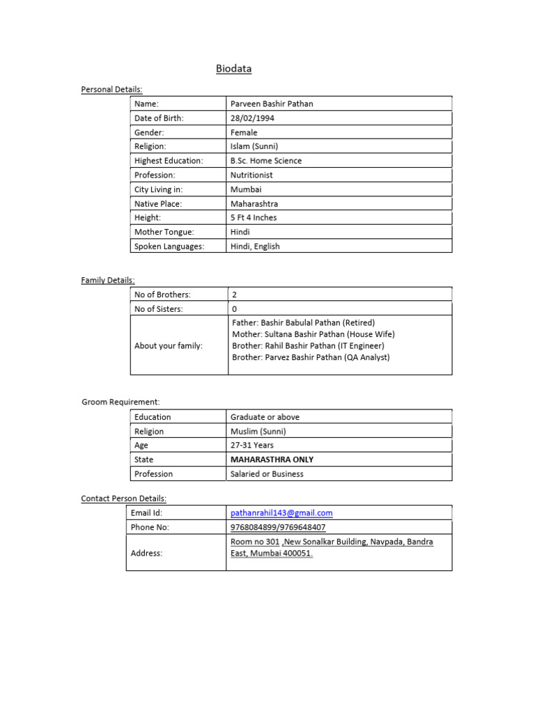 Parveen Bashir Pathan Biodata | PDF