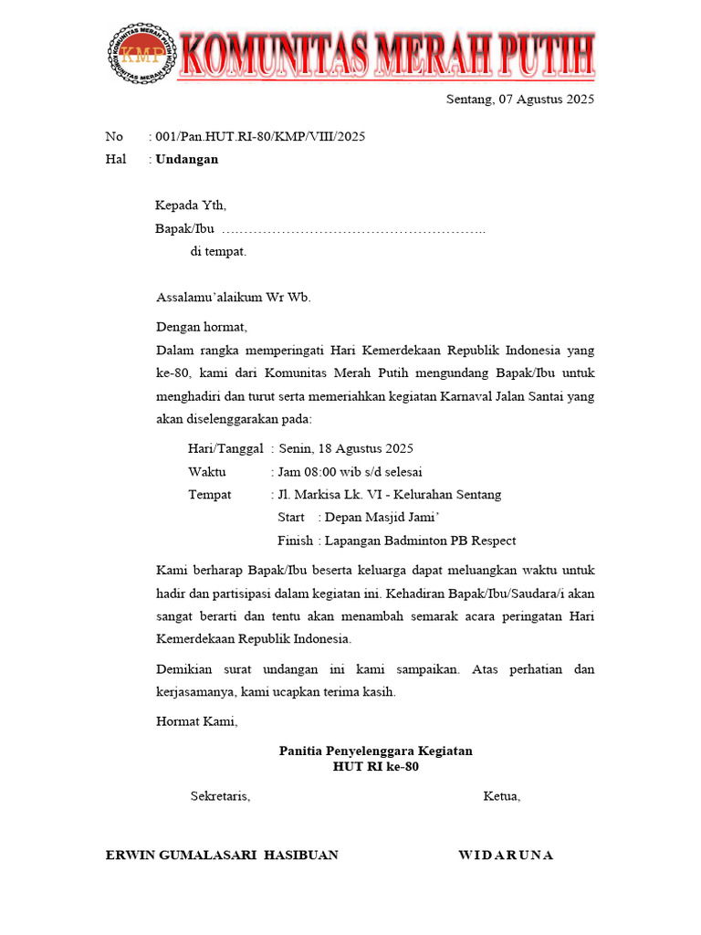 Contoh Undangan Kegiatan Peringatan Hari Kemerdekaan 17 Agustus | PDF