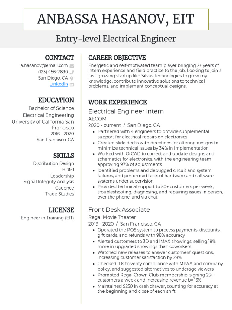 Entry Level Electrical Engineer Resume Example | PDF | Computing