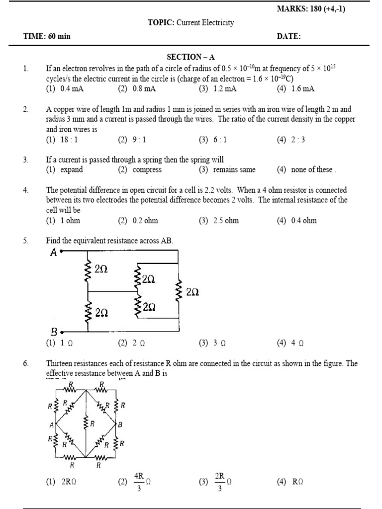 Current Electricity Practice Test (Medical) | PDF | Electronics | Quantity