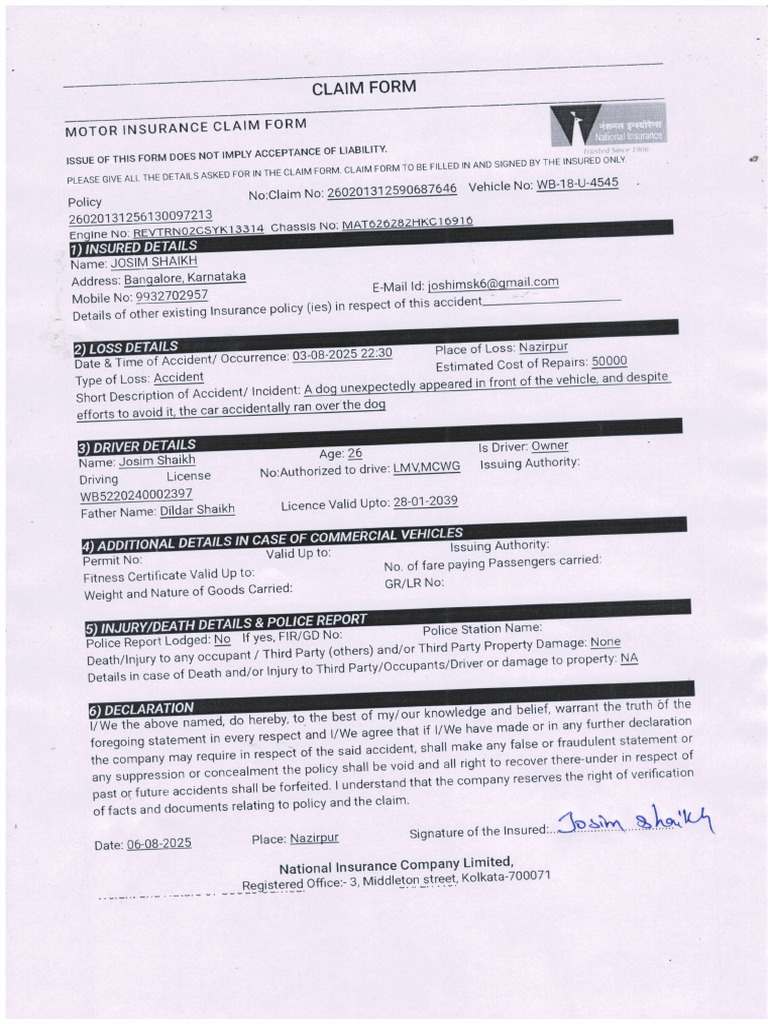 Motor Insurance Claim Form Sample | PDF | Vehicle Operation | Civil Law ...