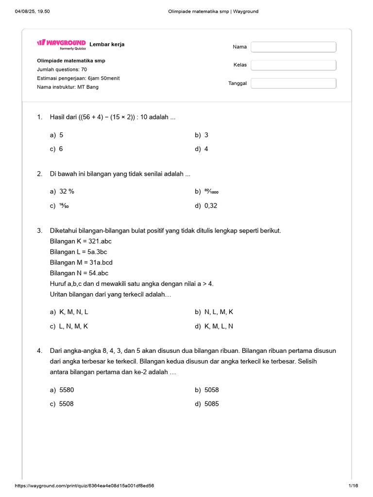 Olimpiade Matematika SMP - Wayground | PDF