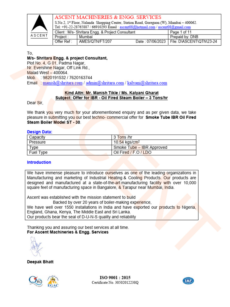 Ascent Machineries 3TPH Boiler QTN | PDF | Boiler | Valve