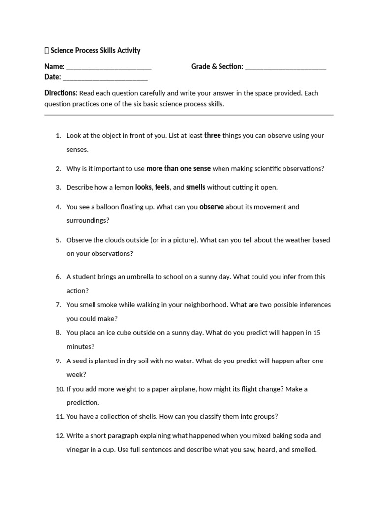 ? Science Process Skills Activity | PDF