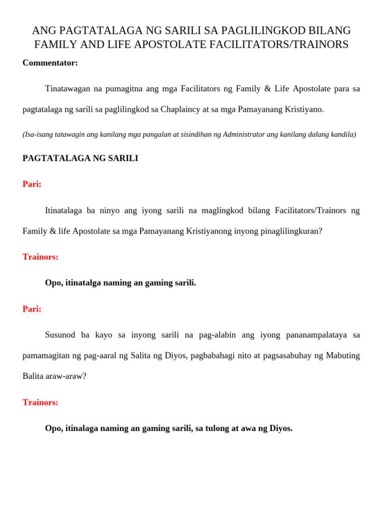 Ang Pagtatalaga NG Sarili Sa Paglilingkod Bilang Family and Life ...