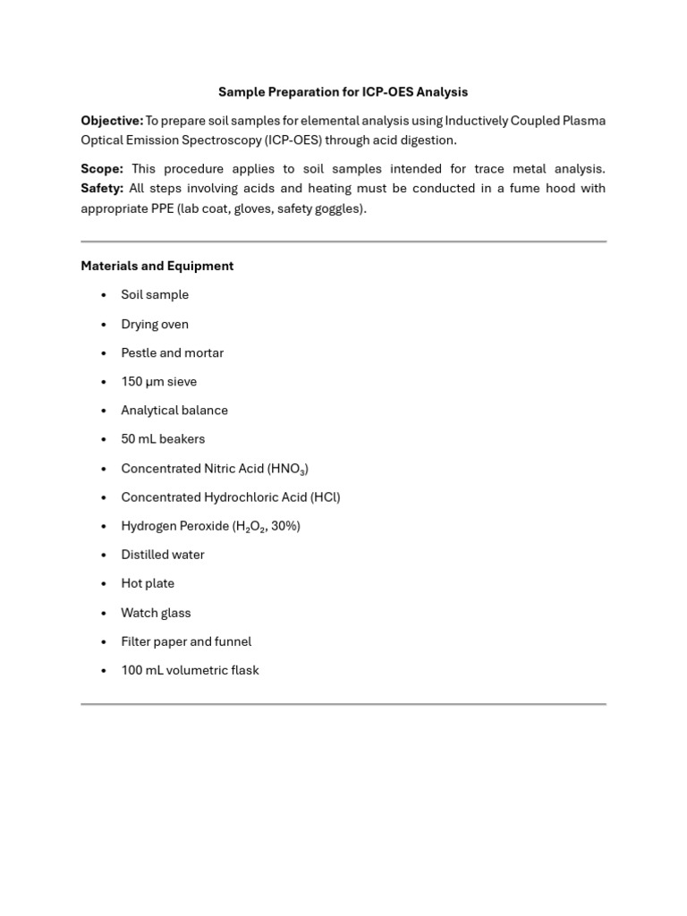 Soil Sample Preparation for ICP-OES | PDF | Nitric Acid | Hydrogen Peroxide
