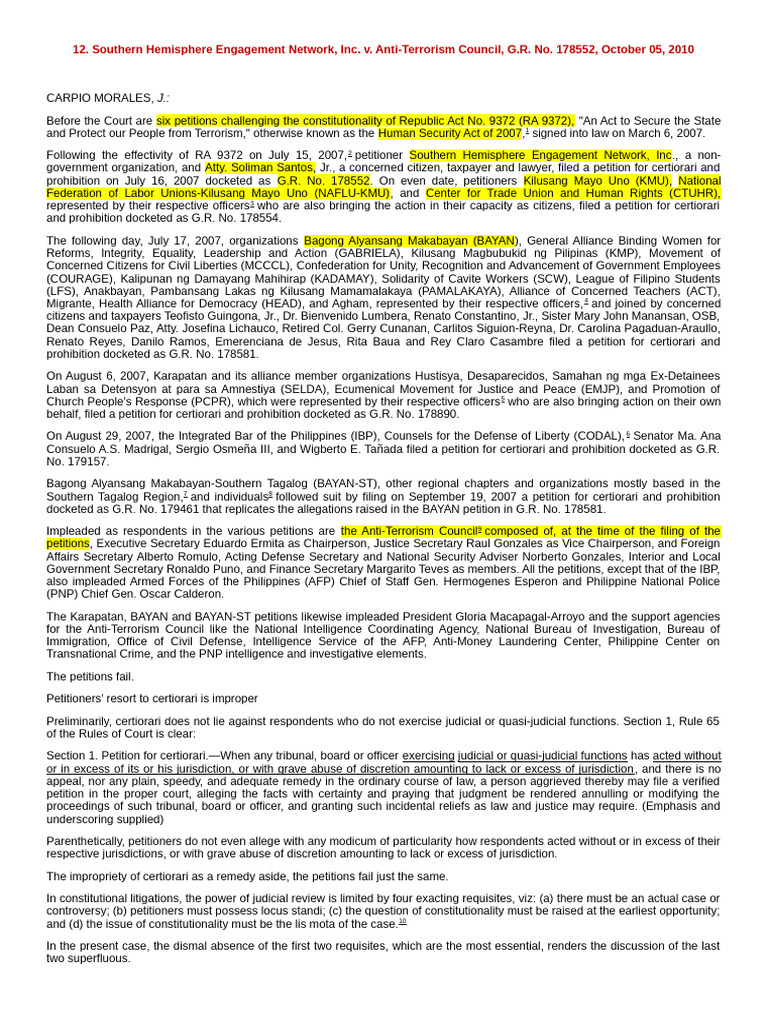 Constitutionality of RA 9372 Challenged | PDF | Overbreadth Doctrine ...