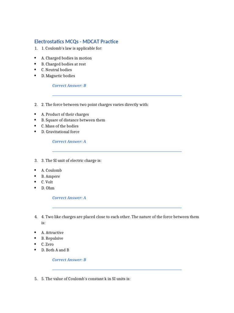 Electrostatics MCQ MDCAT Final | PDF | Electric Field | Force