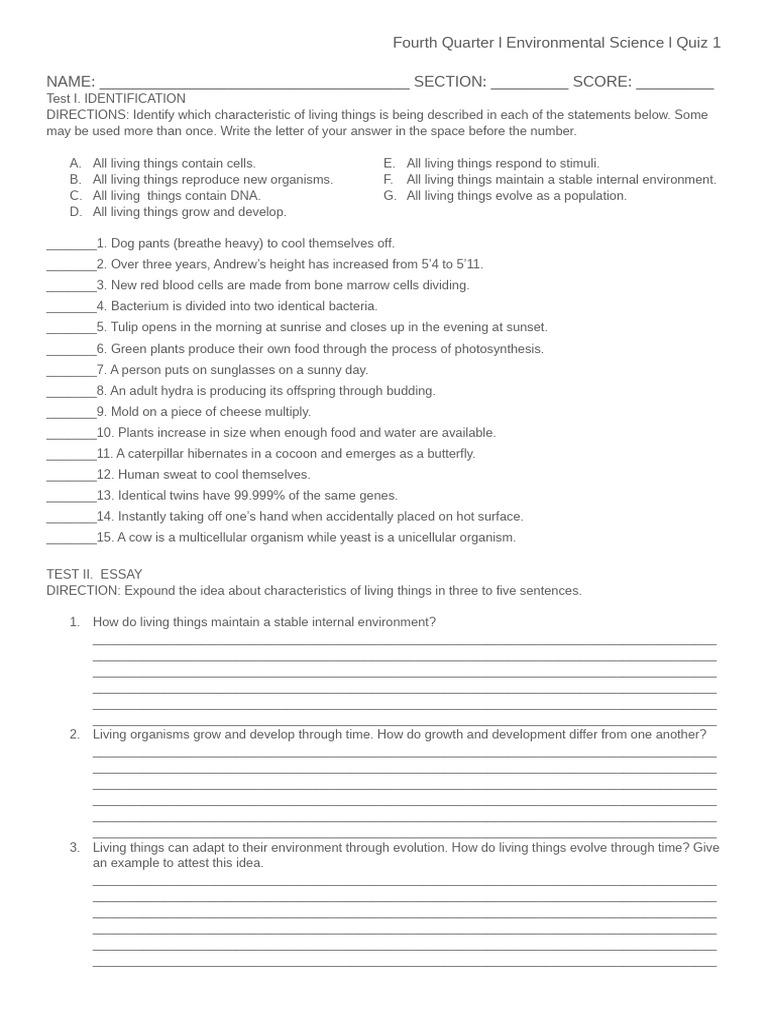 Characteristics of Living Things Quiz | PDF | Life | Evolution