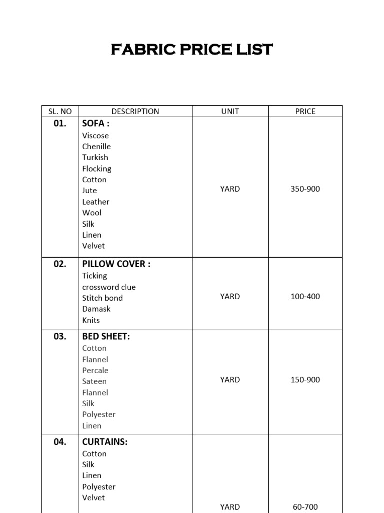 Fabric Price List Overview | PDF
