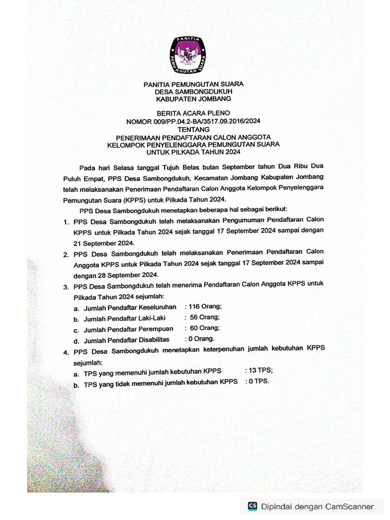 BA Pleno Penerimaan Calon KPPS | PDF