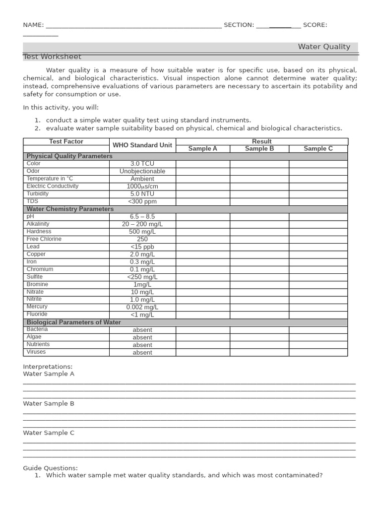 Water Quality Parameters Laboratory Sheet | PDF | Water Quality ...