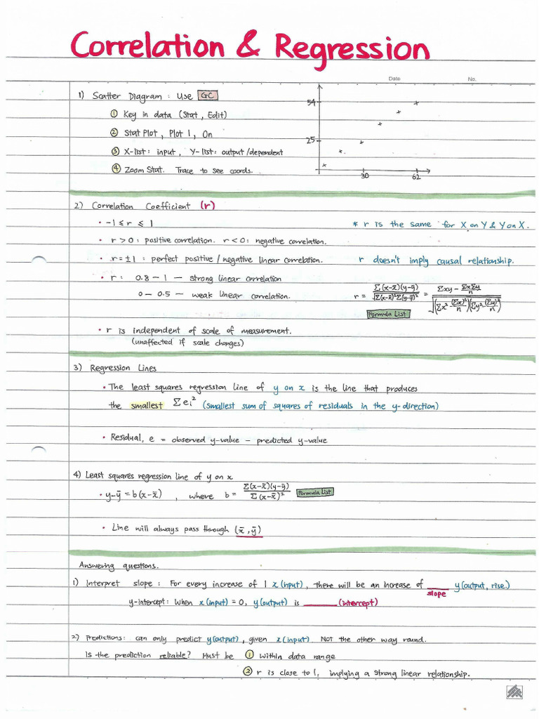 H2 Maths Summary Notes Correlation Regression | PDF