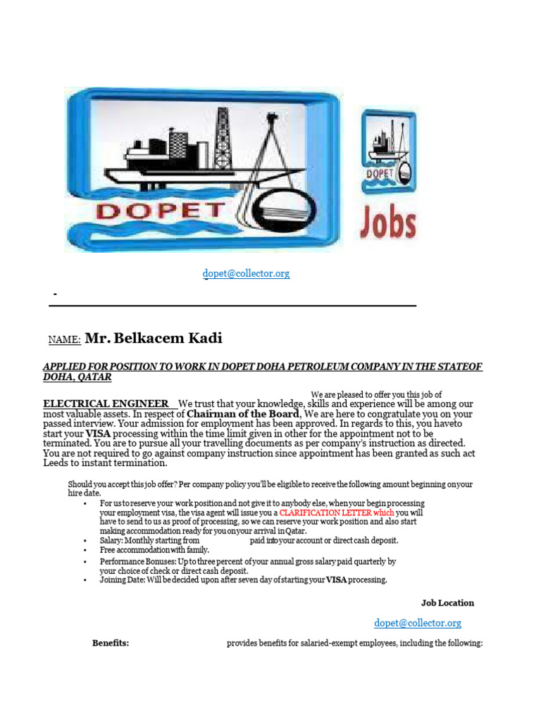 Dopet Doha Petroleum Construction Company LTD Appointment Letter of MR ...