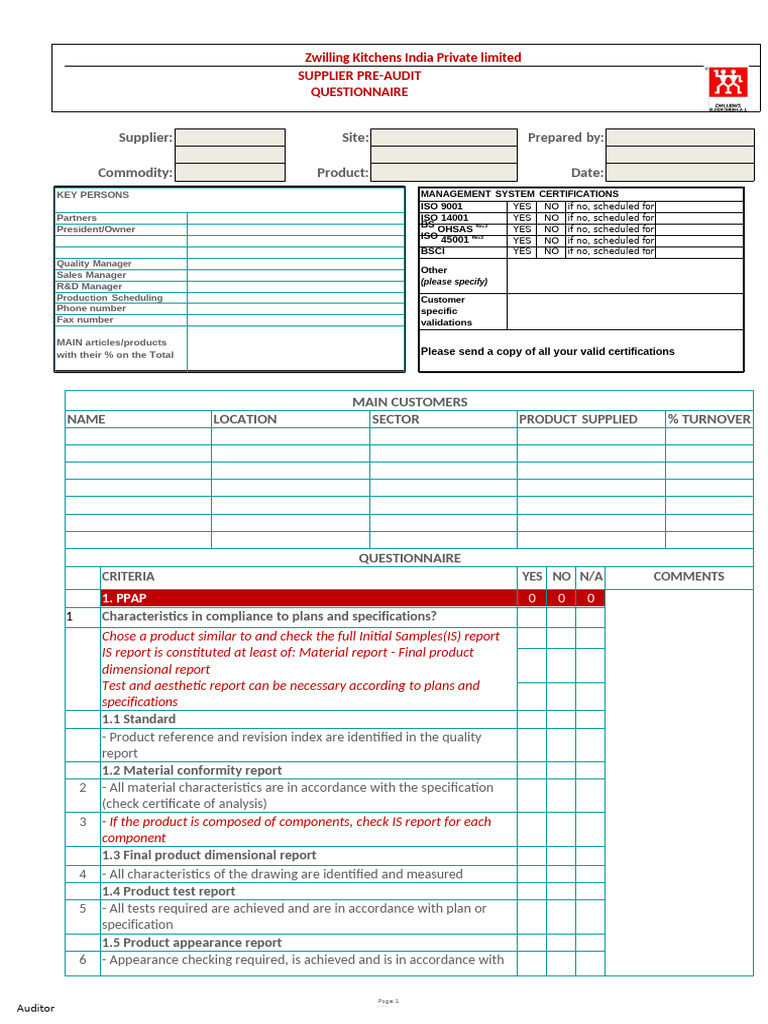 Supplier Pre-Audit Questionnaire Template | PDF | Specification ...