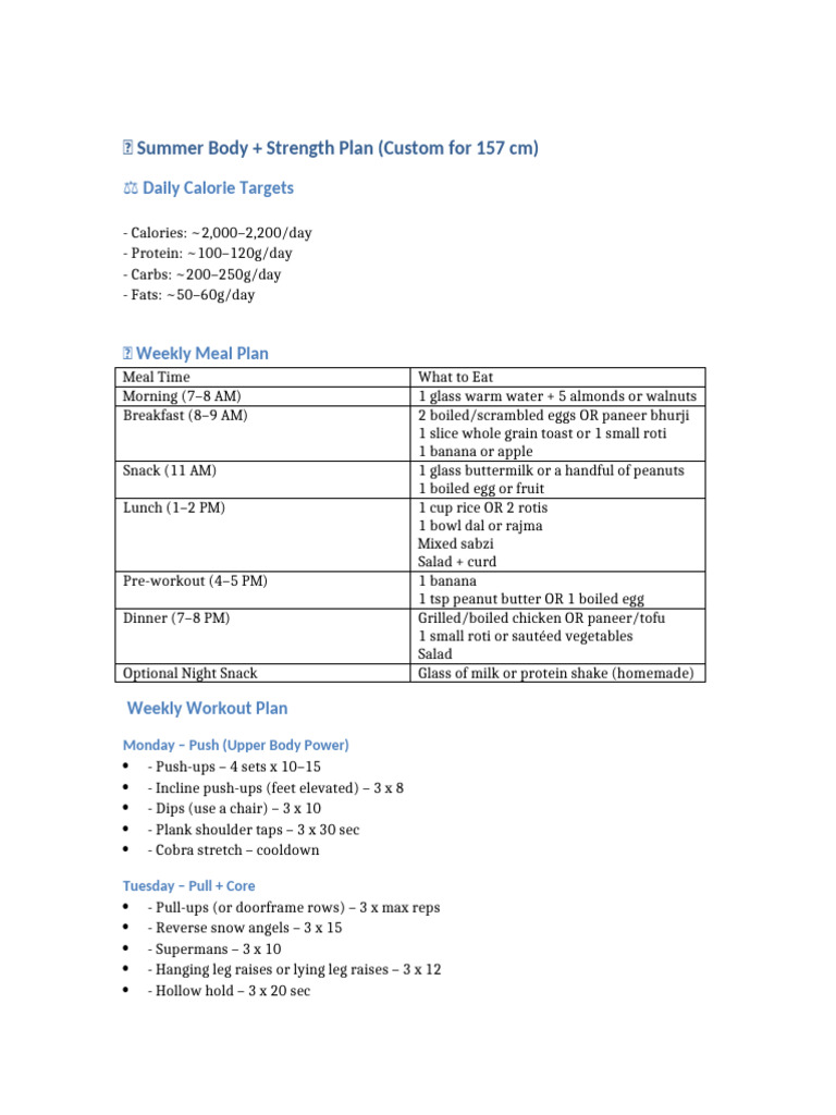 Summer_Body_Strength_Plan_157cm | PDF | Meal | Cooking